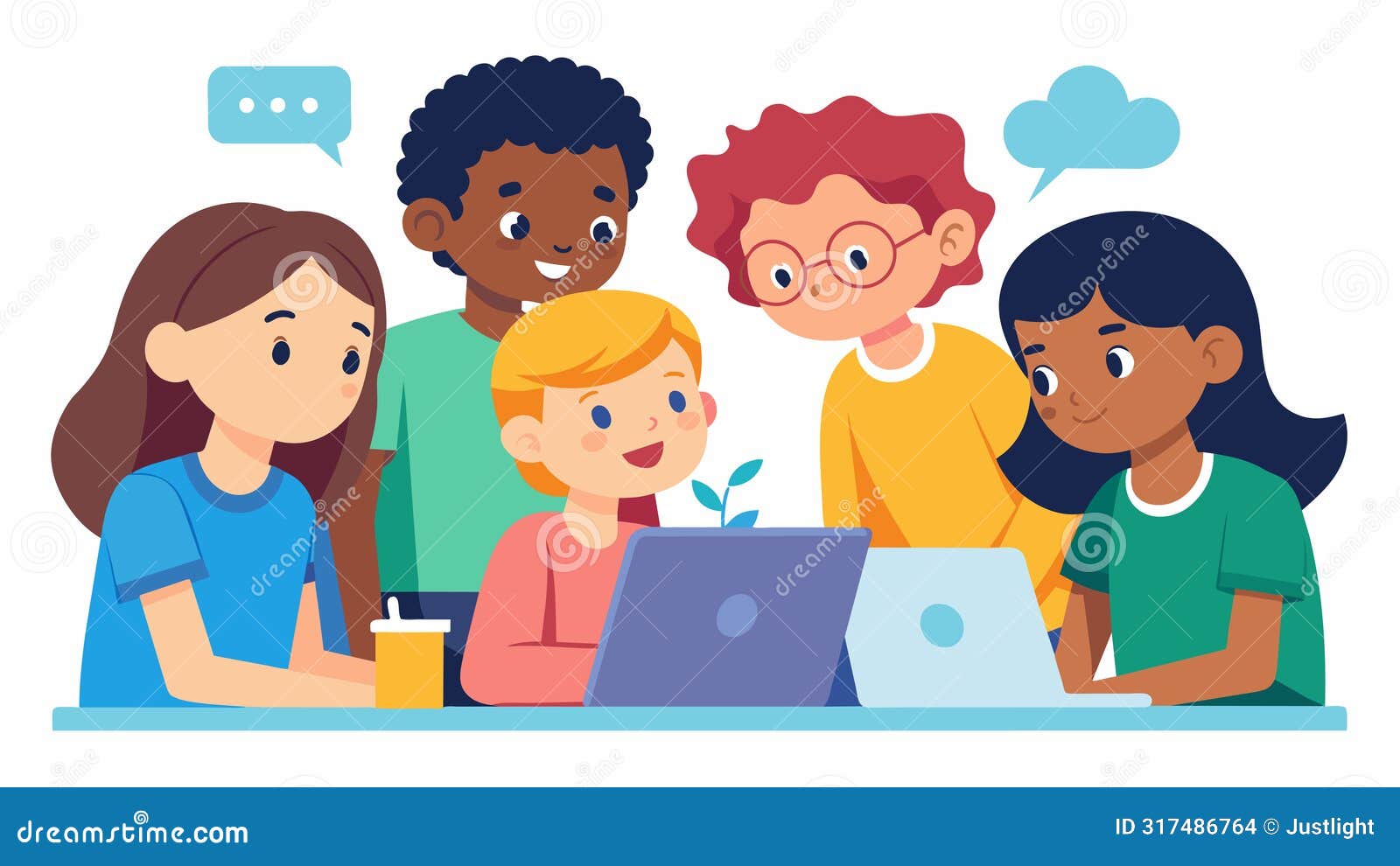 A Group of Children Huddled Together Intensely Discussing Their Coding ...