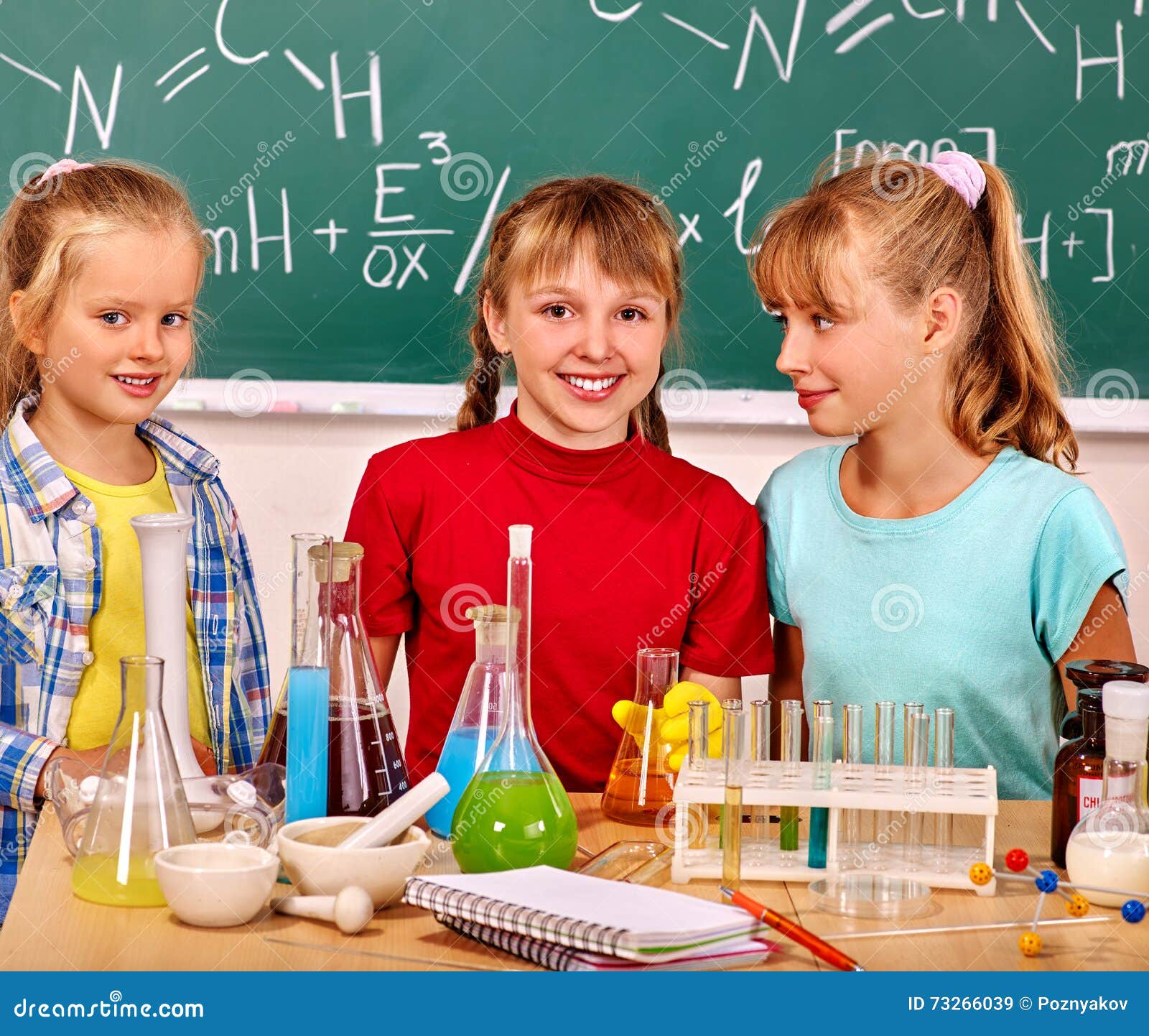 Group Children Keep Flasks on Lesson in Chemistry Class. Stock Image ...