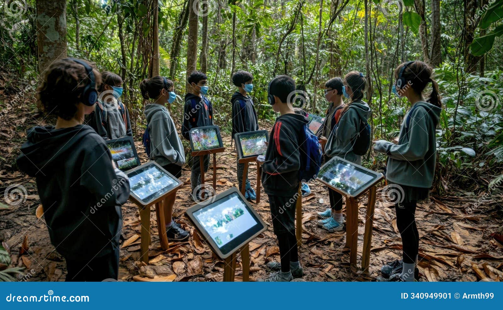 Group of Children Learning about Nature in a Rainforest Using ...