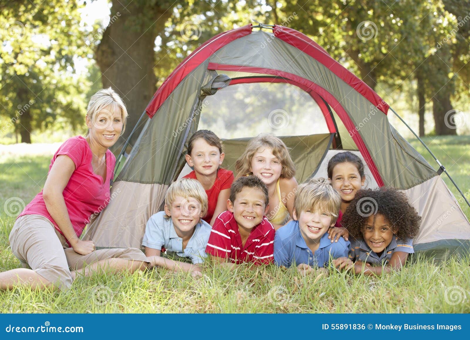 Group of Children with Mother Having Fun in Tent in Countryside Stock ...