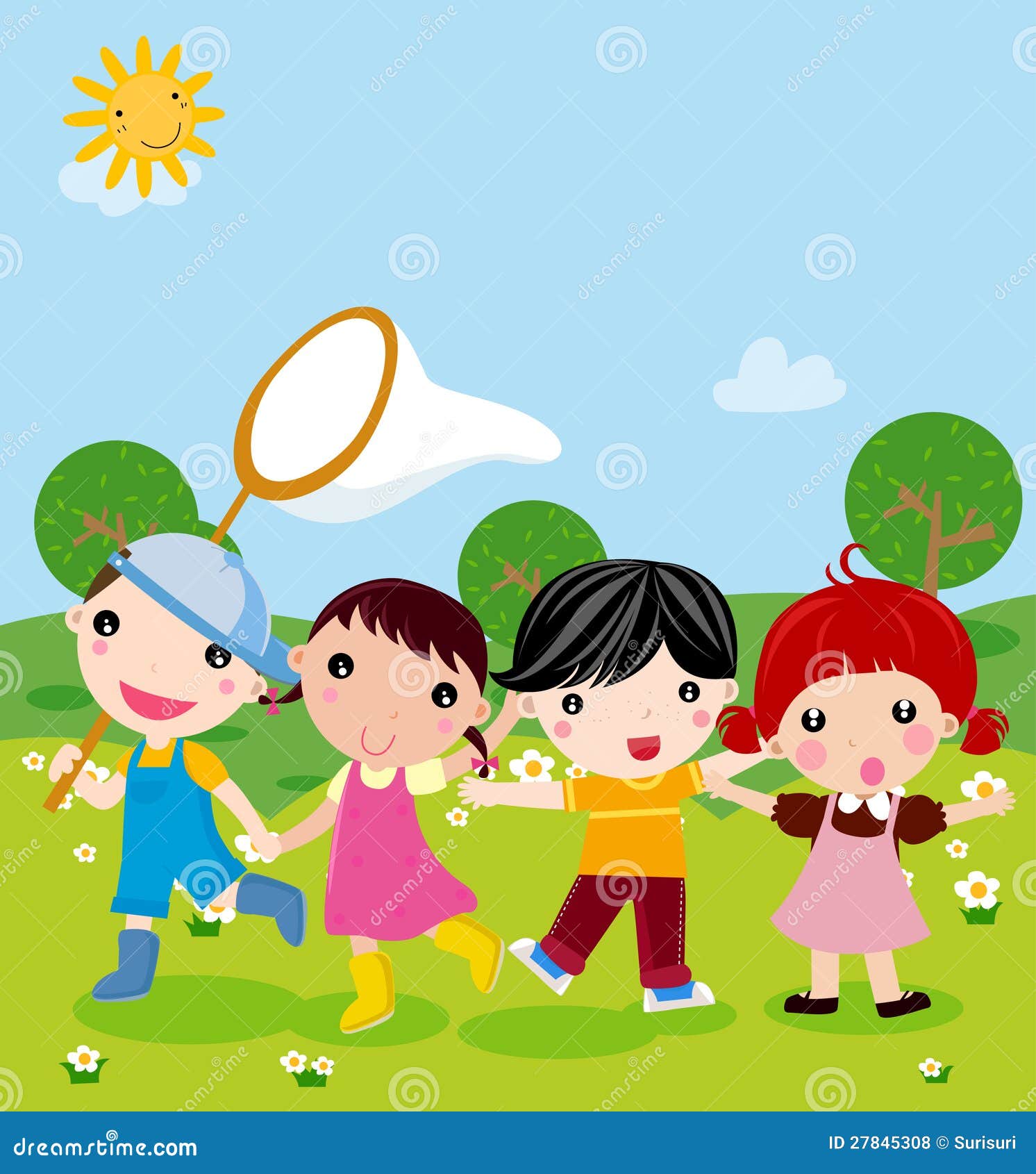 Kids Playing In The Garden Cartoon