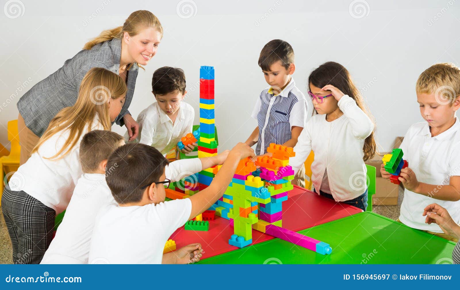 Group of Children Playing with Colorful Blocks Stock Image - Image of ...