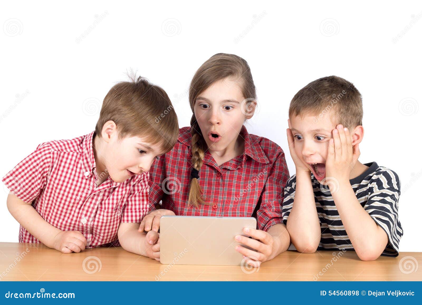 Group of Children Playing Exciting Game on Tablet Isolated on White ...