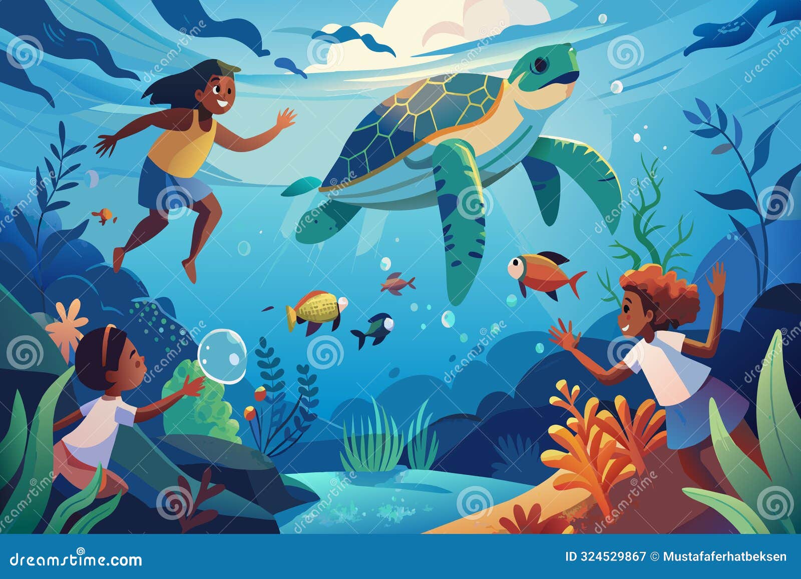 A Group of Children are Playing in the Ocean with a Turtle Stock ...