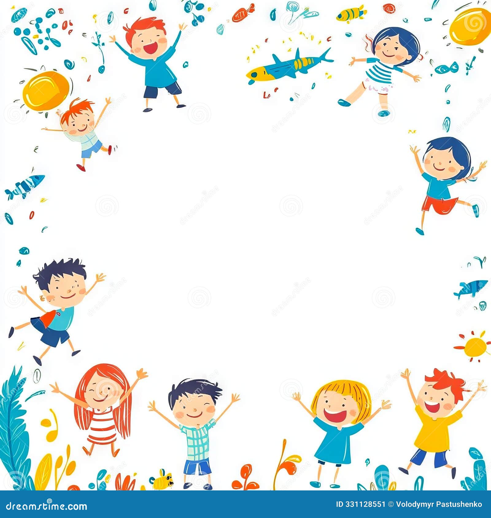 A Group of Children Playing in the Water with a White Background Stock ...