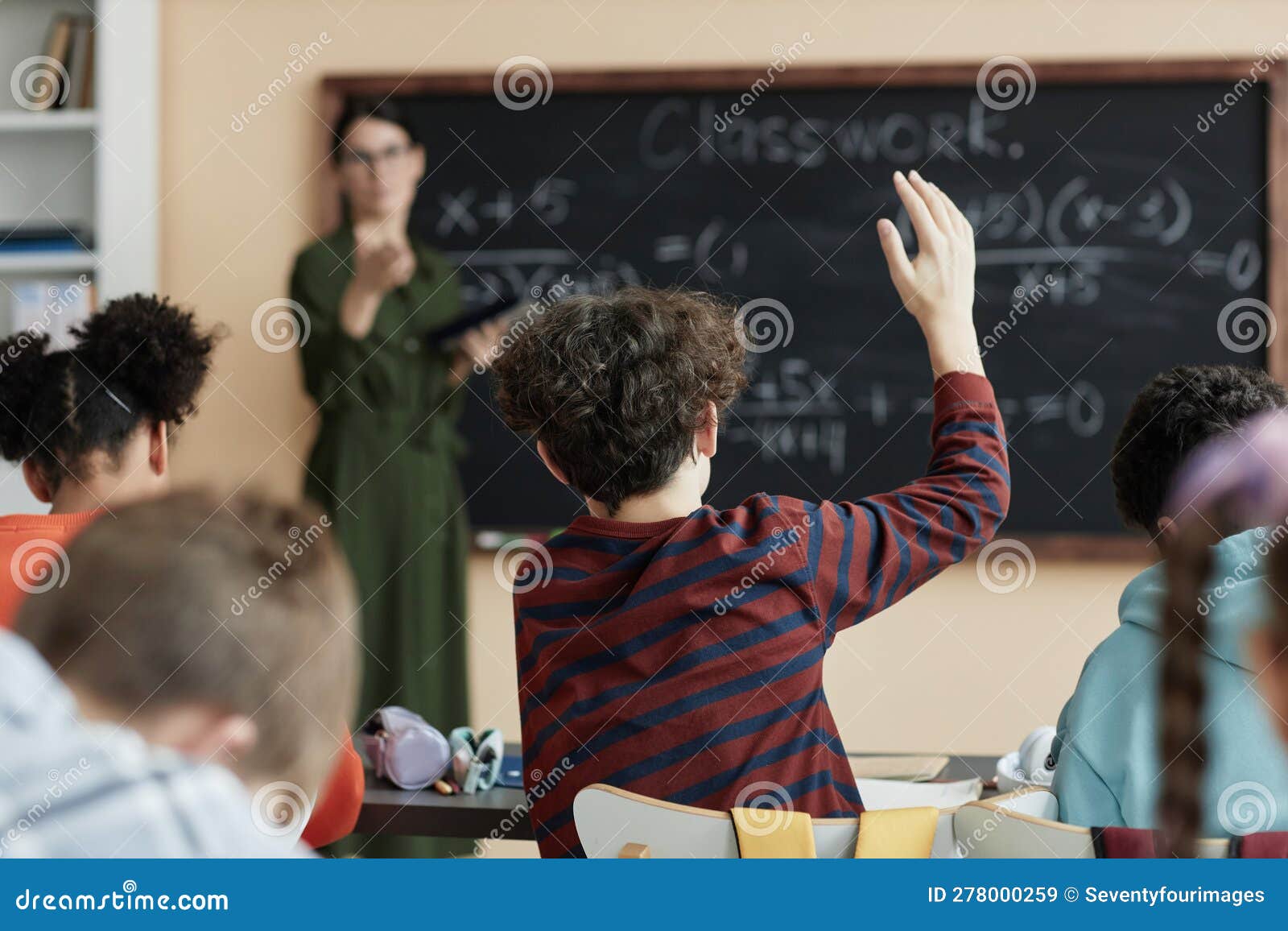 Group of Children Raising Hands in School Stock Image - Image of ...