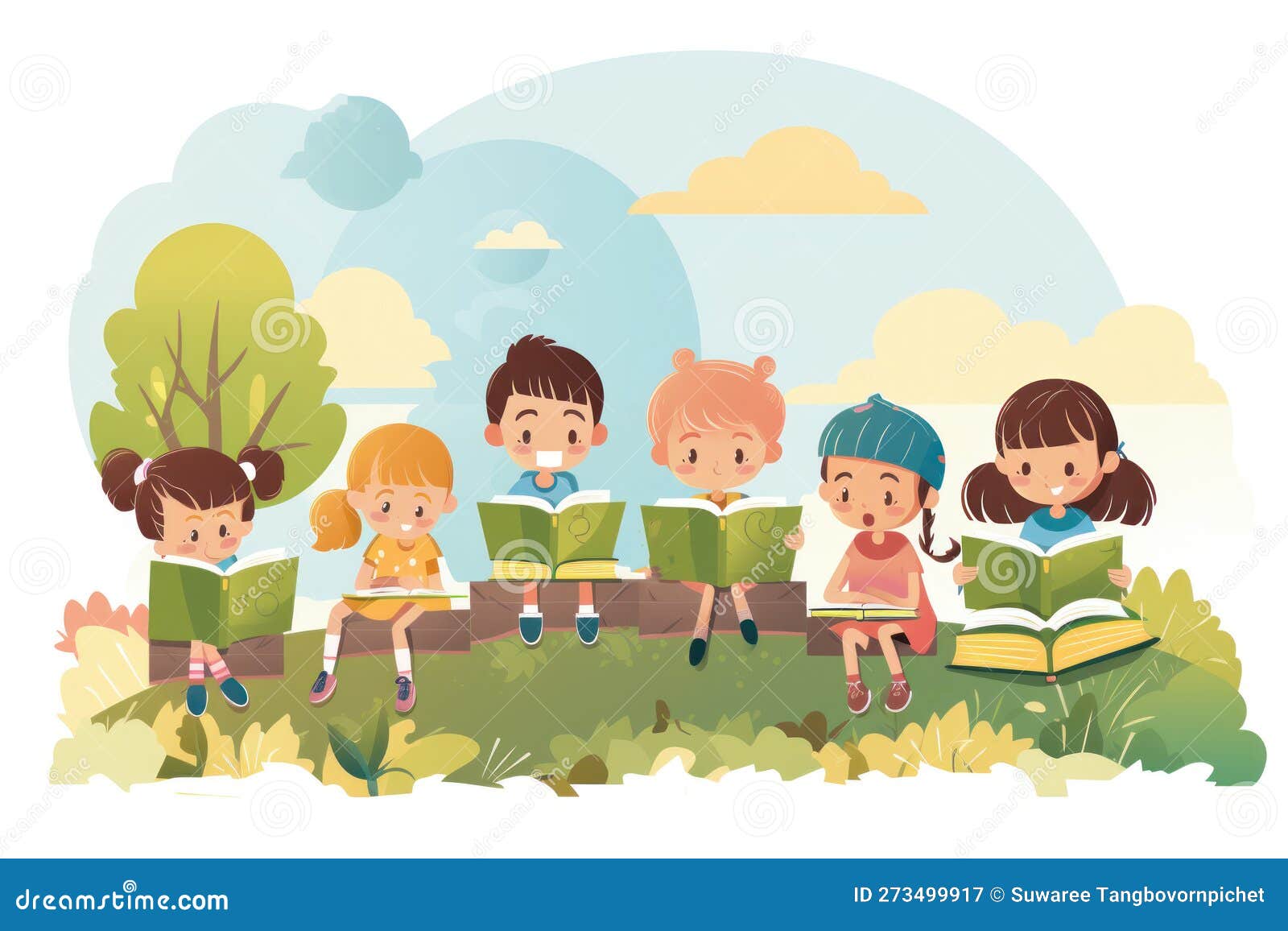 Group of Children Read Books Outdoors and Smile Stock Illustration ...