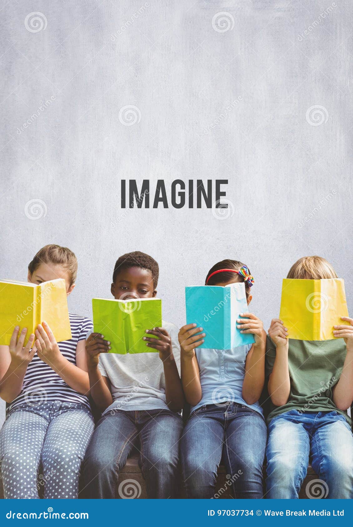 Group of Children Reading Books in Front of Imagine Text Stock Photo ...