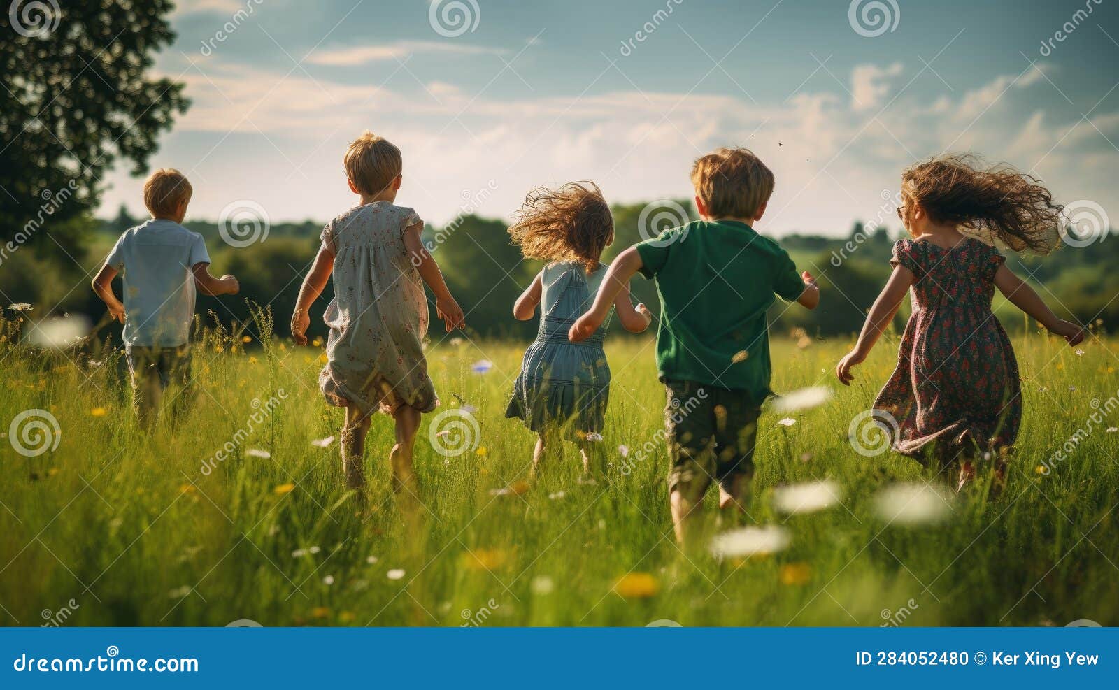 A Group of Children Running through a Field Stock Illustration ...
