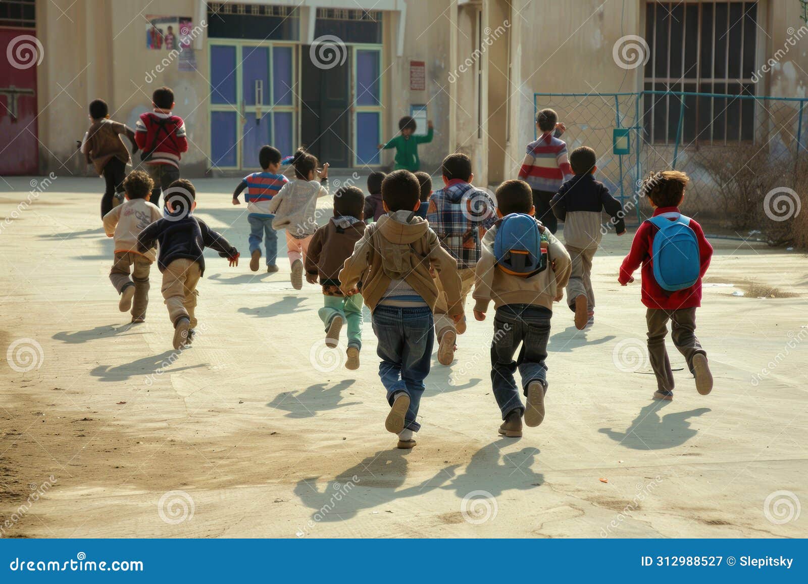 A Group of Children Running Towards a School Building Stock ...