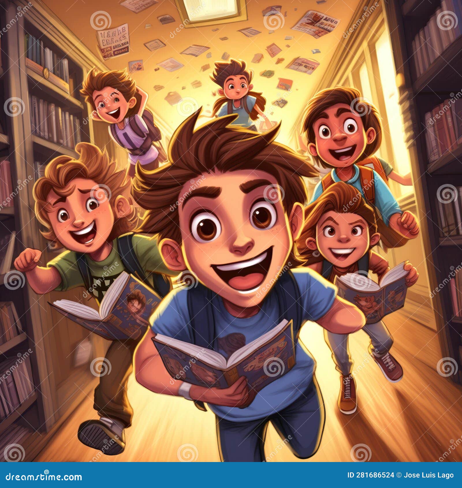 Group Of Children In School Running Happily Through The Corridors Stock ...