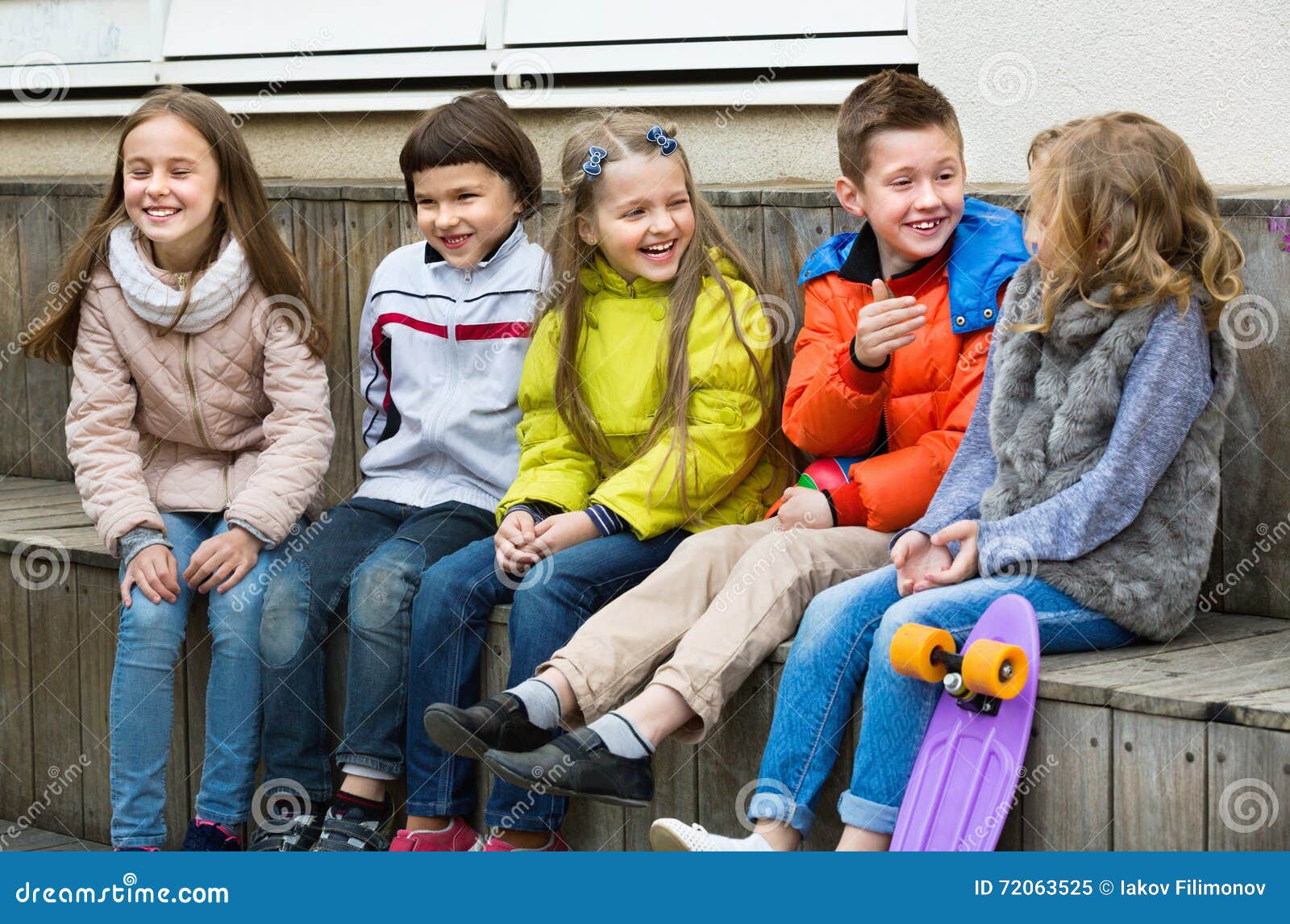 Group of Children Sitting on Bench Stock Image - Image of hobby ...