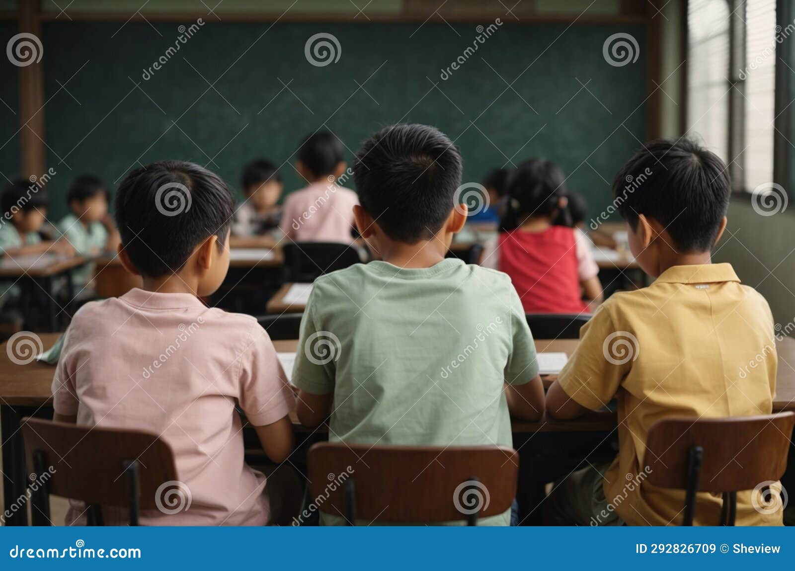 Group of Children Sitting in Classroom, Back View. Elementary School ...