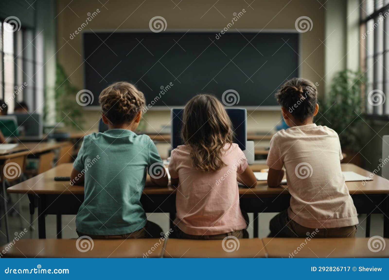 Group of Children Sitting in Classroom, Back View. Elementary School ...