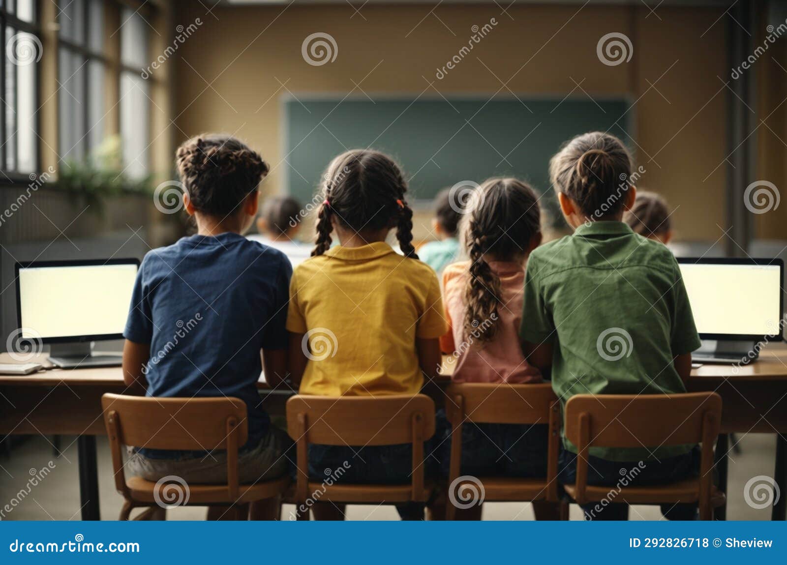 Group of Children Sitting in Classroom, Back View. Elementary School ...
