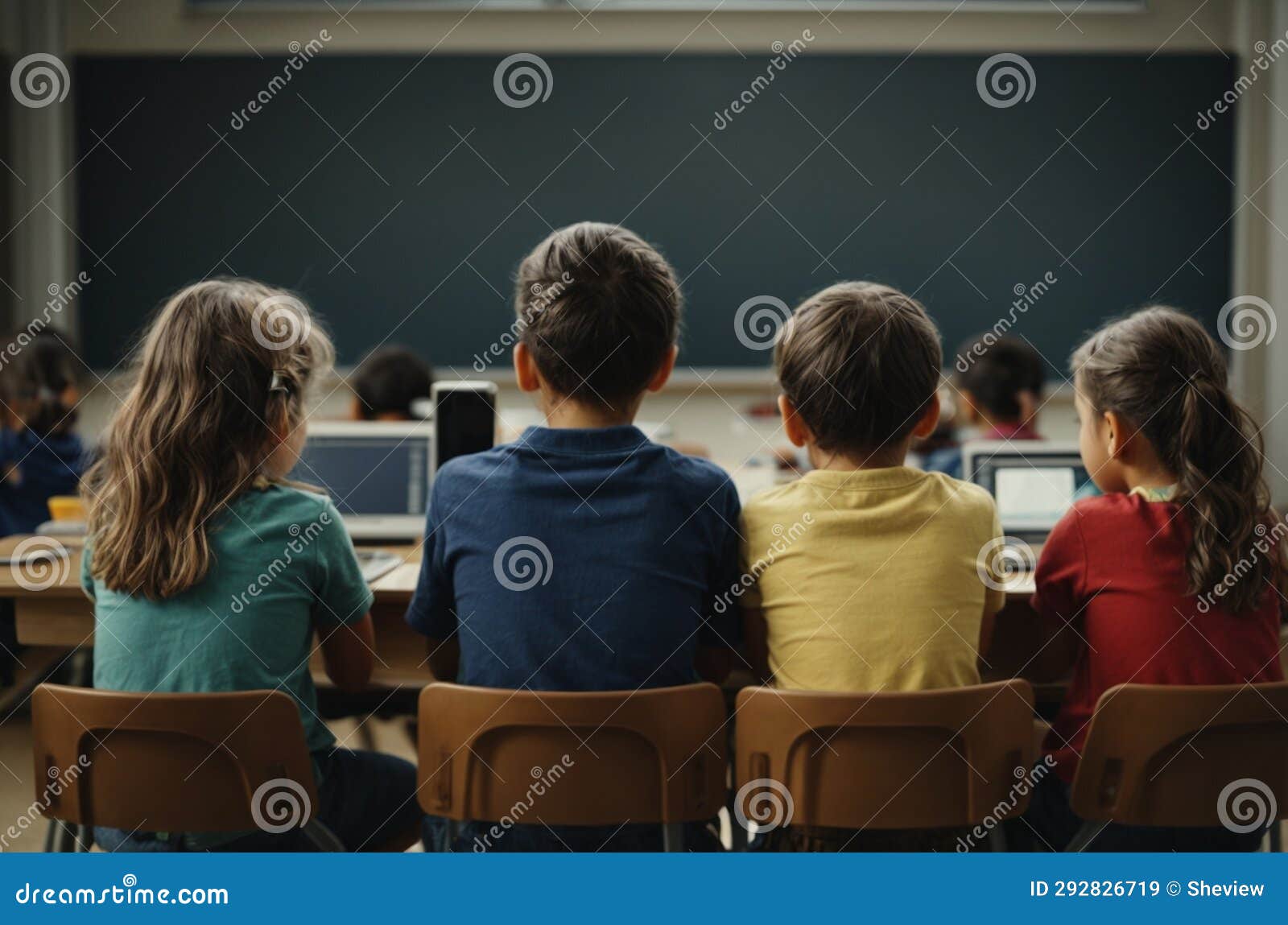 Group of Children Sitting in Classroom, Back View. Elementary School ...