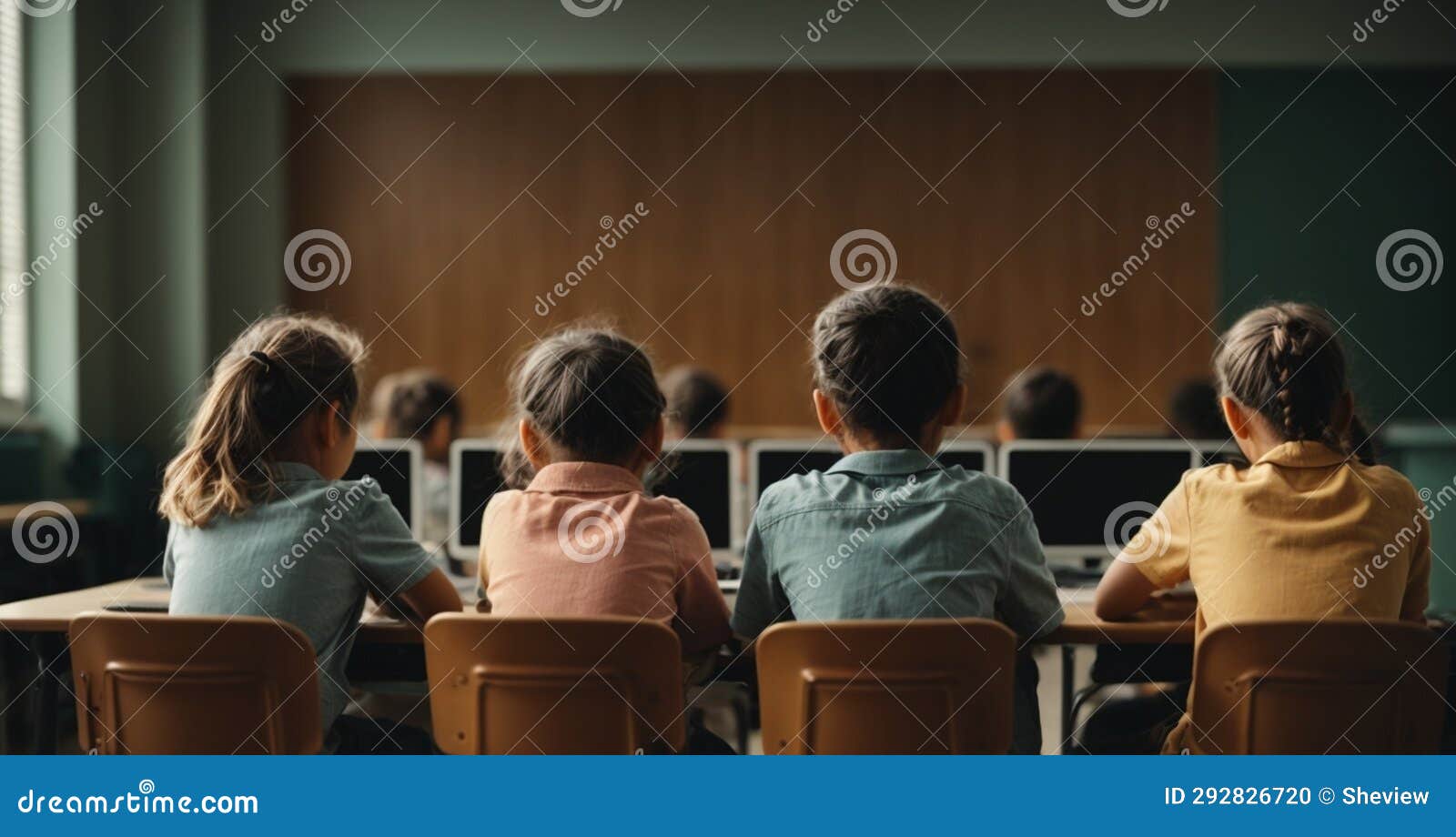Group of Children Sitting in Classroom, Back View. Elementary School ...