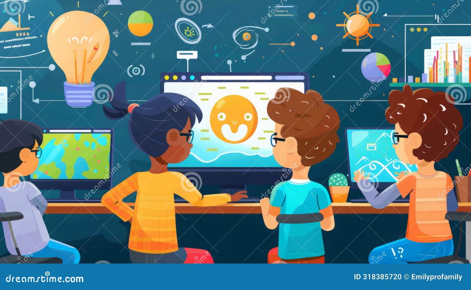 Children Sitting at Desks Viewing Computer Screen Stock Illustration ...