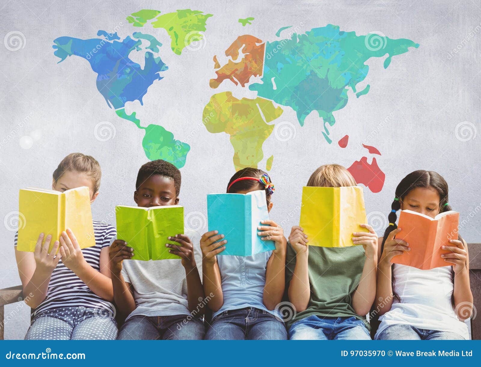 Group of Children Sitting and Reading in Front of Colorful World Map ...