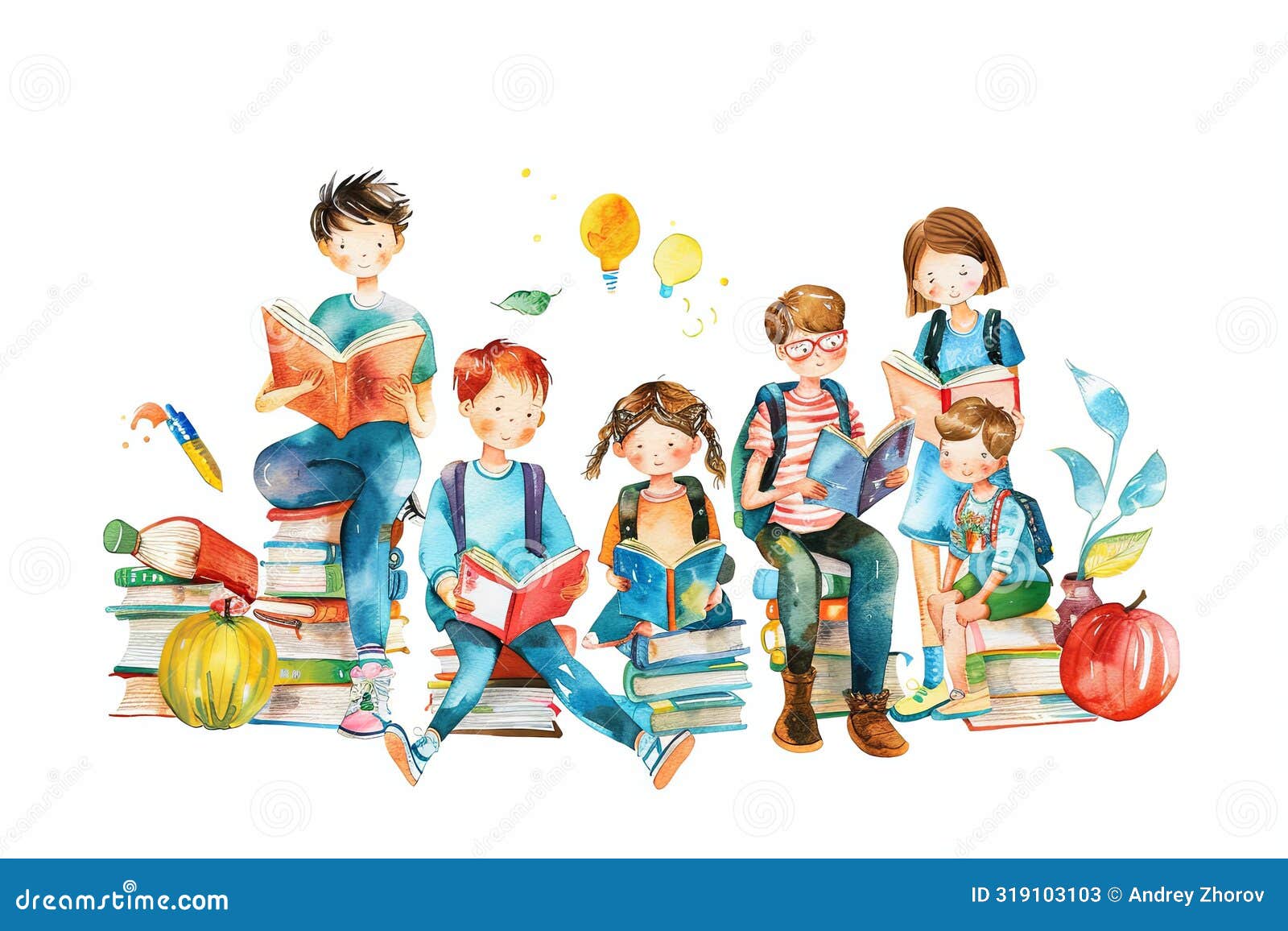 A Group of Children Sitting on a Stack of Books, Engaged in Reading and ...
