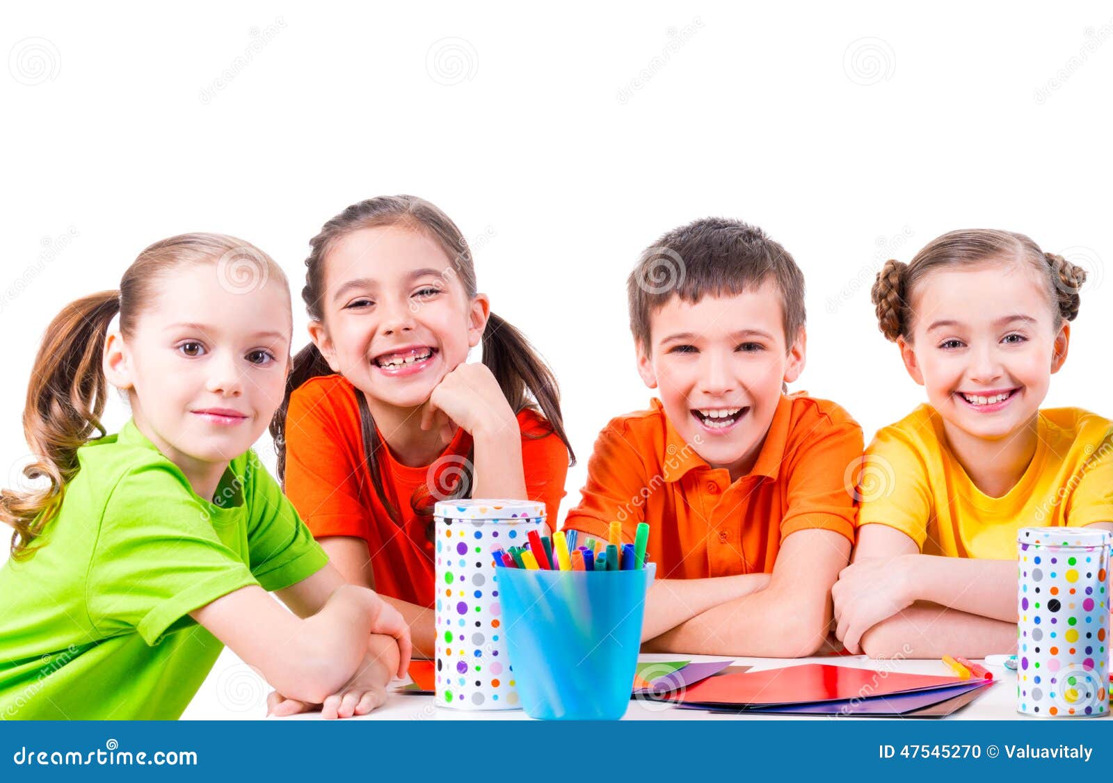 Group of Children Sitting at a Table. Stock Photo - Image of girl ...