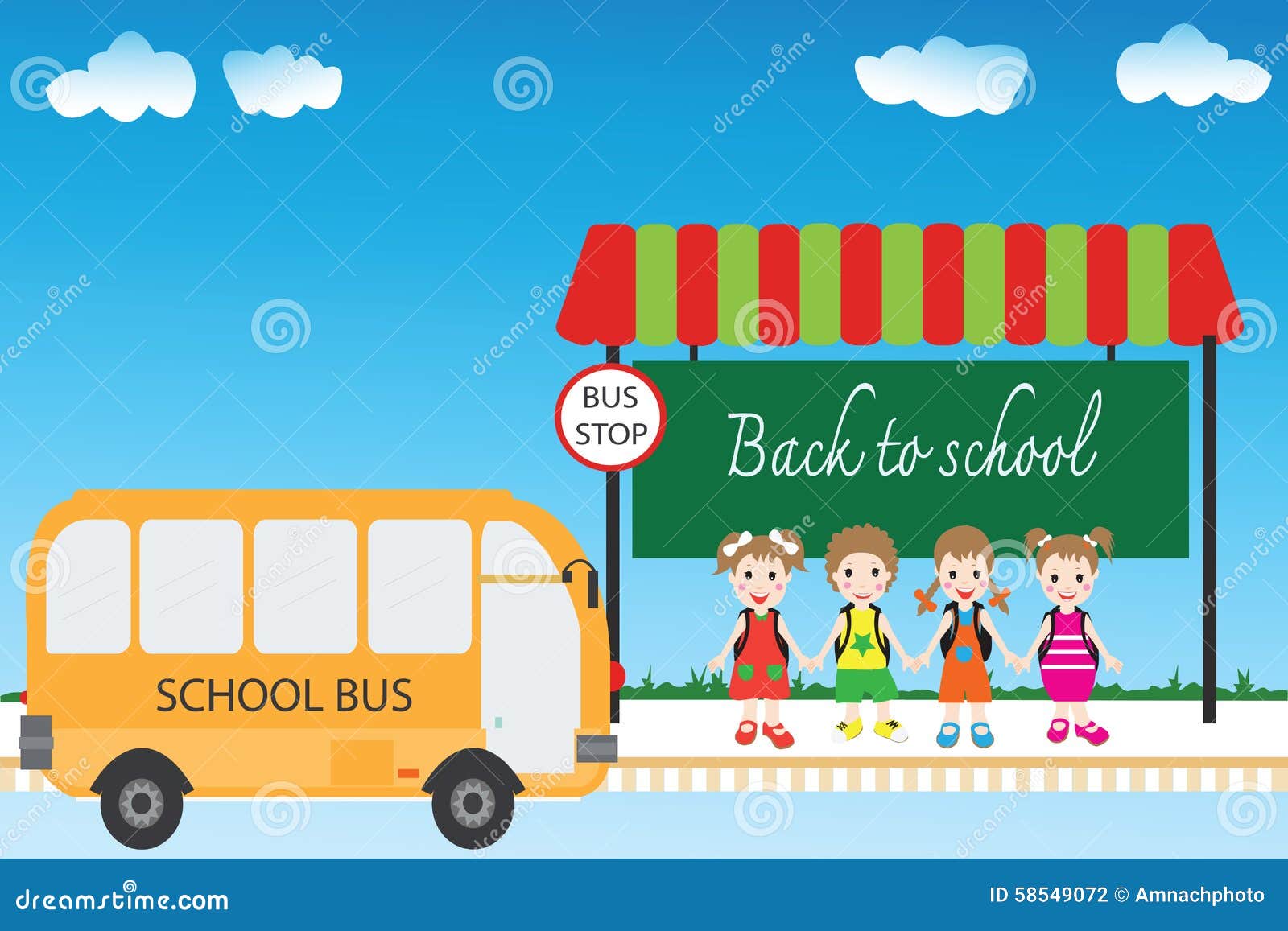 Group of Children Students at Bus Stop, Back To School. Stock Vector ...