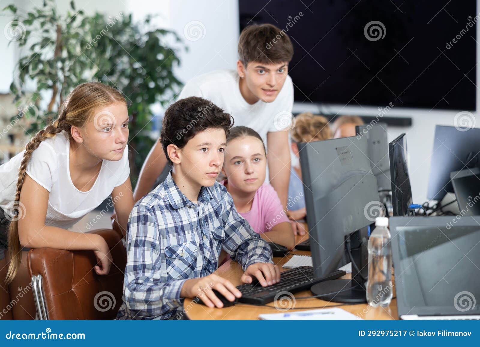 Group of Students Working at Computer in Classroom Stock Image - Image ...
