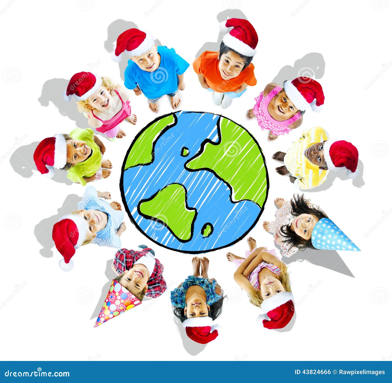 Group of Children Wearing Christmas Hats with Globe Stock Photo - Image ...