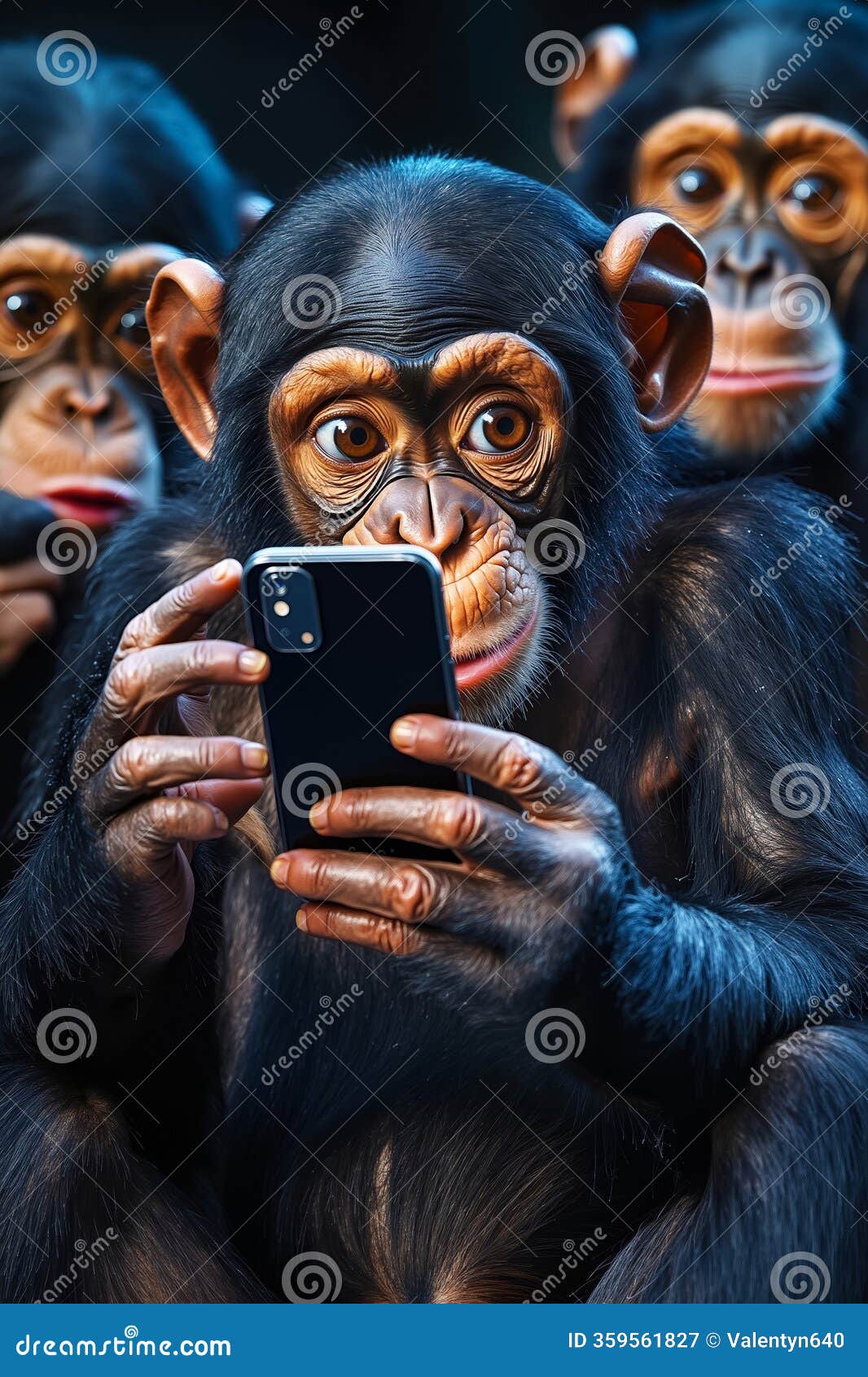 A Group of Chimpanzees Looking at a Cell Phone Stock Image - Image of ...