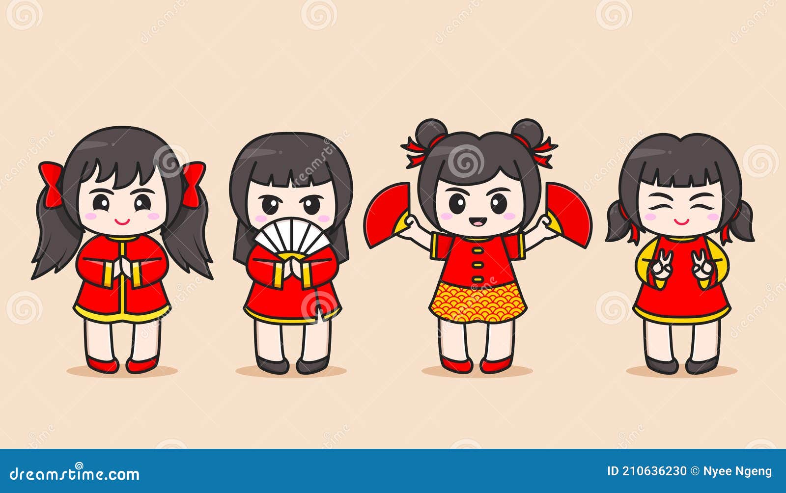 Group of Chinese Girls in Red Costume Stock Vector - Illustration of ...
