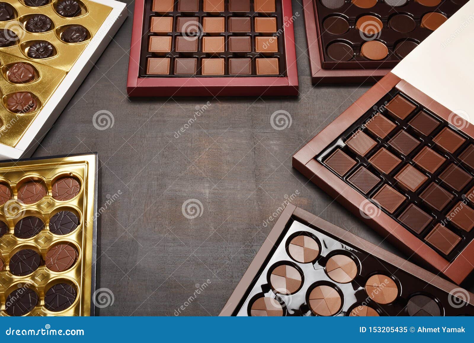 Group of Chocolate Box on Wood Texture with Copy Space Stock Image ...