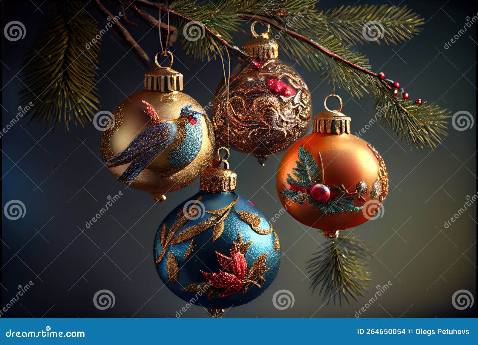A Group of Christmas Ornaments Hanging from a Tree Branch with Pine ...