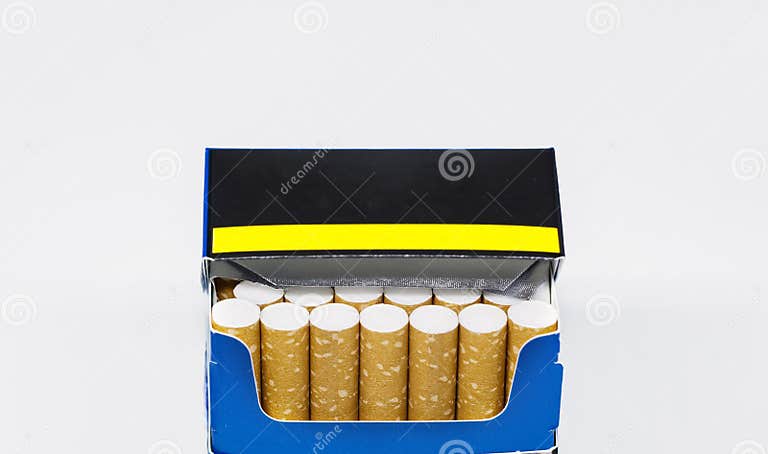 Group of Cigarettes Inside an Open Blue Packet Isolated on a White ...