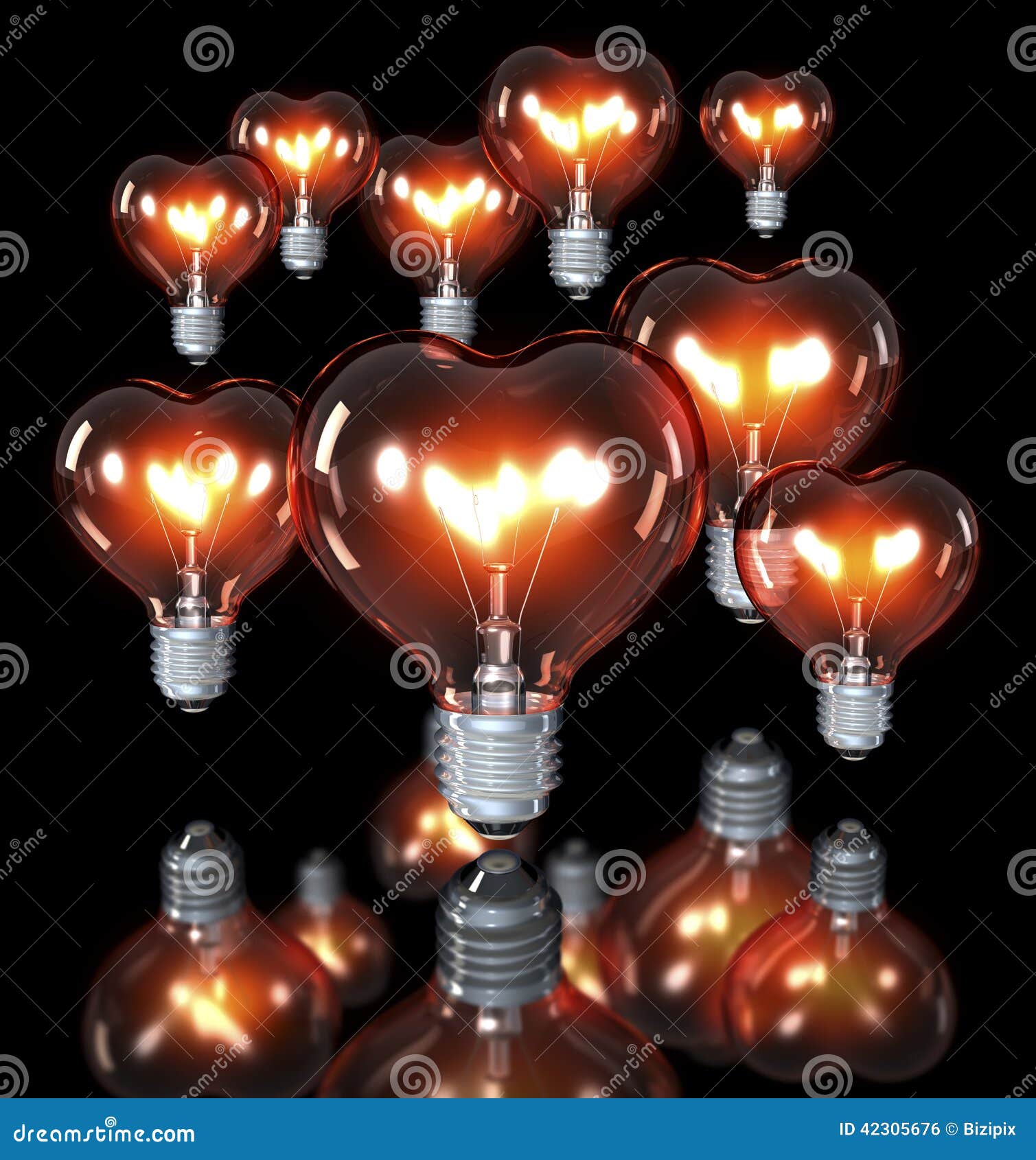 Group of Classical Light Bulbs, Heart Shaped, Glowing Yellow Red Stock ...