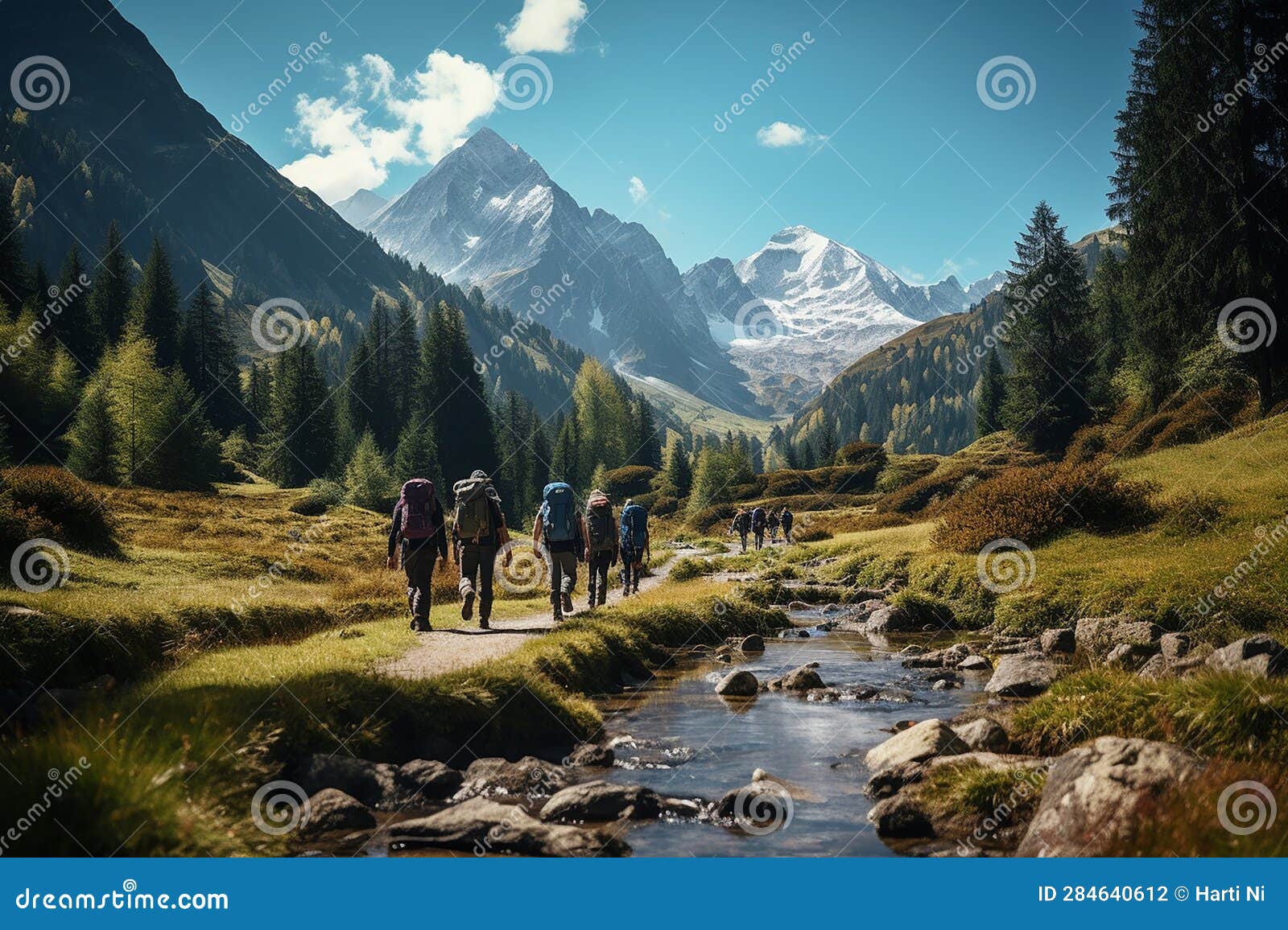 Group of Climber Walking Going To Mountain Climbing with River Nature ...