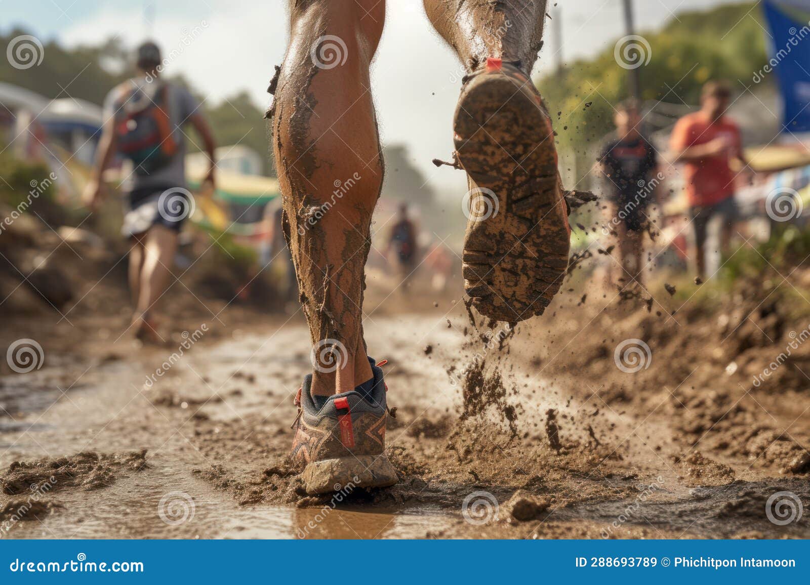 Group of Close Legged Runners Running on Land . Athletics in the Mud ...