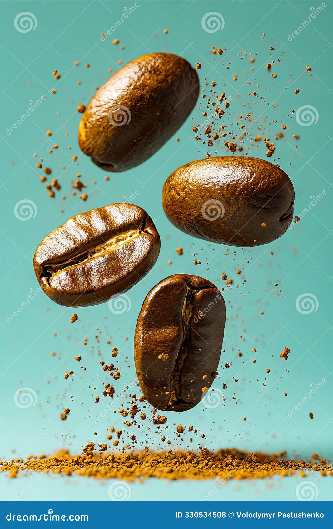 A Group of Coffee Beans Falling into the Air with Coffee Powder Stock ...