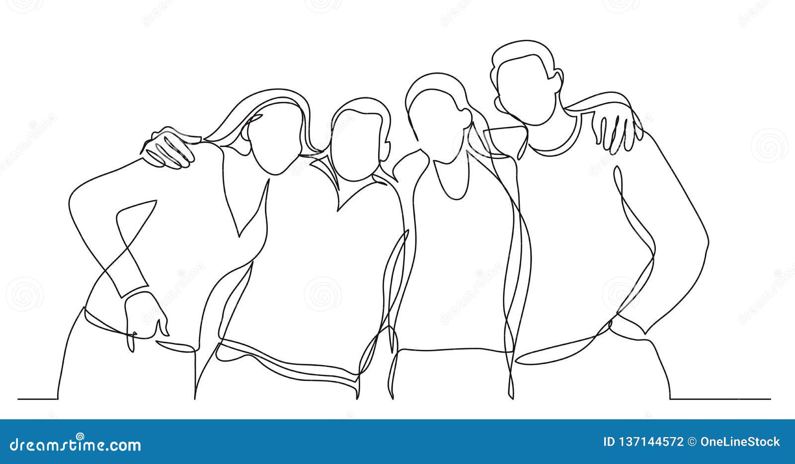 Group of College Friends Standing Together Posing - One Line Drawing ...