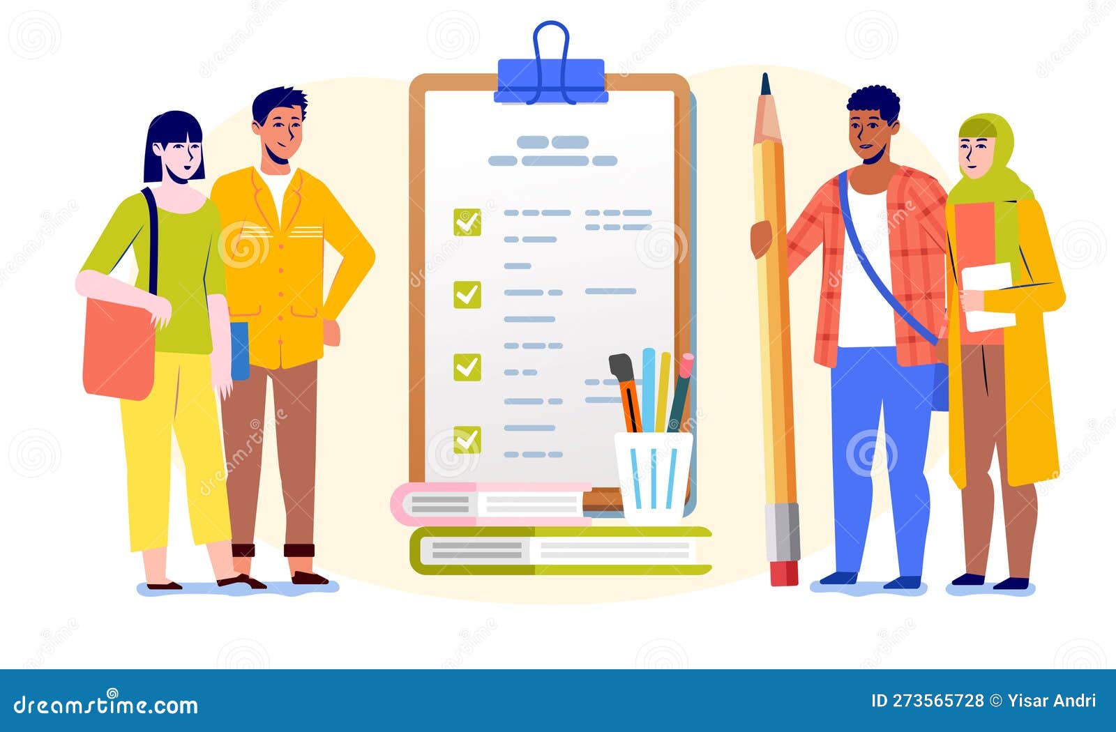 Group College Student with Giant Pencil Near Pencil Marked Checklist on ...