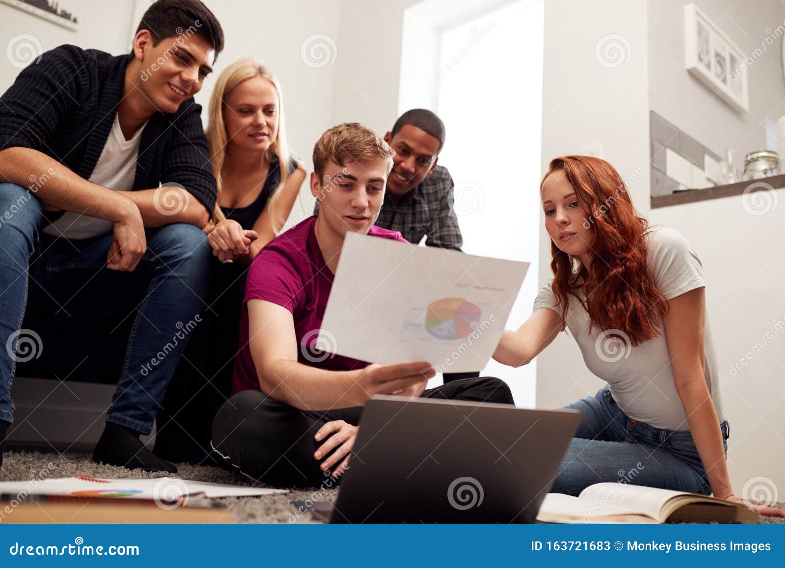 Group of College Students in Lounge of Shared House Studying Together ...