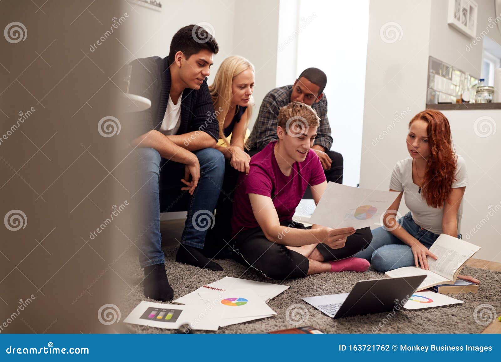Group of College Students in Lounge of Shared House Studying Together ...