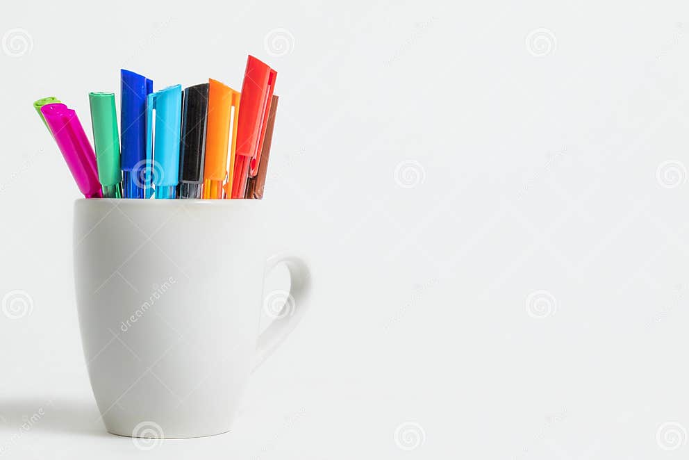 A Group of Color Markers in a White Cup Stock Photo - Image of school ...