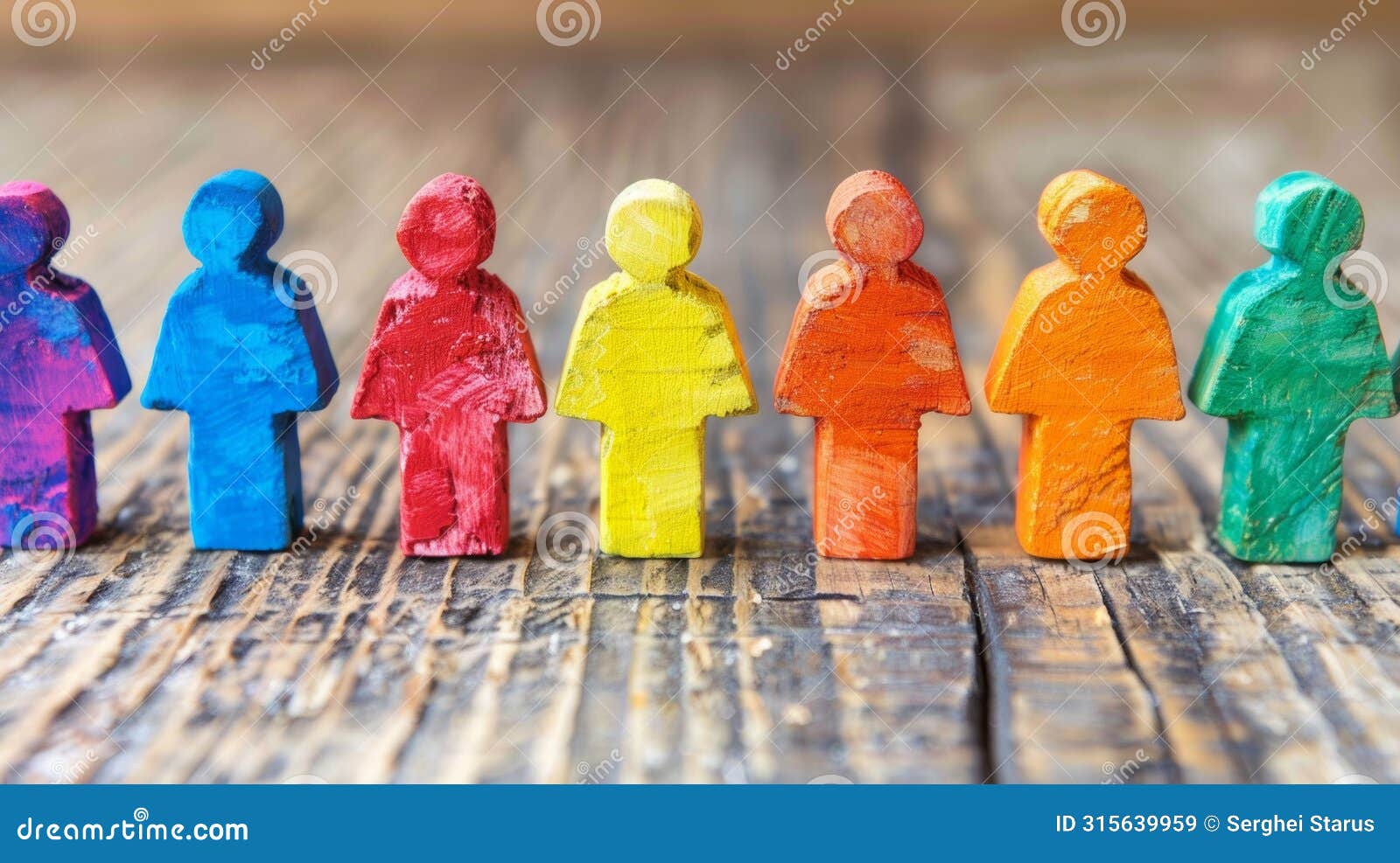 A Group of Colored People Standing in a Row on Top of Wood, AI Stock ...