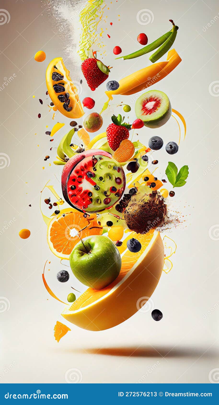 Group of Colorful Assorted Fruits Creatively Falling-Dripping Flying or ...