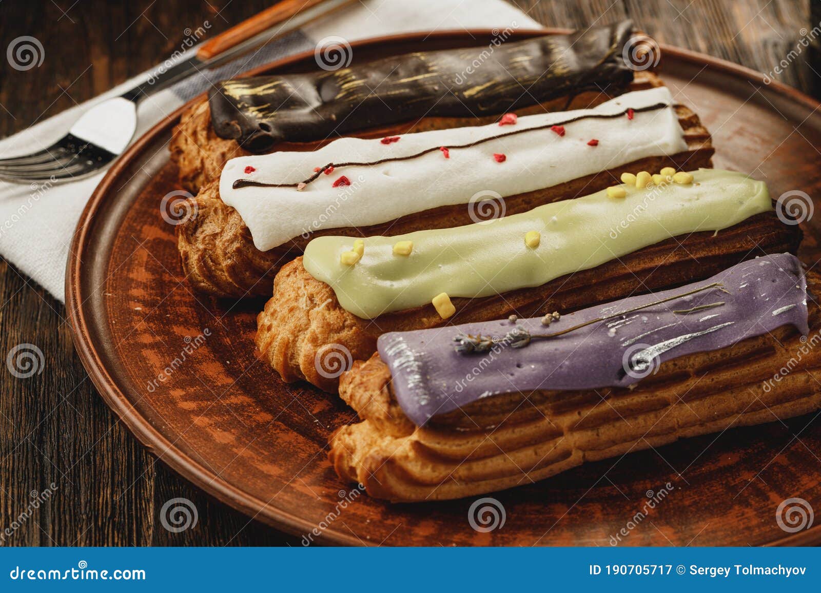 Group of Colorful Eclair Cakes Close Up Stock Image - Image of glaze ...