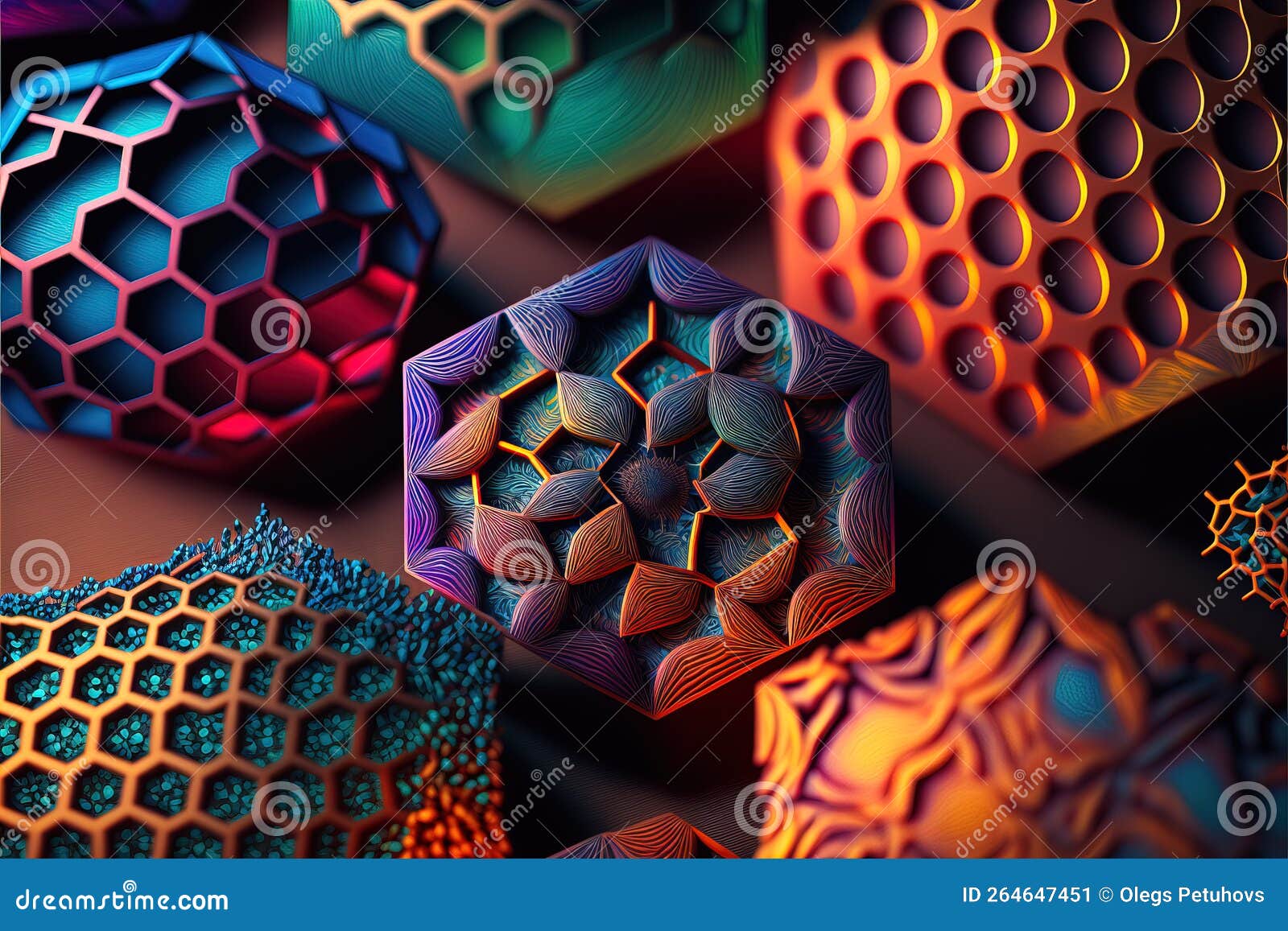 A Group of Colorful Hexagonal Objects with a Black Background and a Red ...