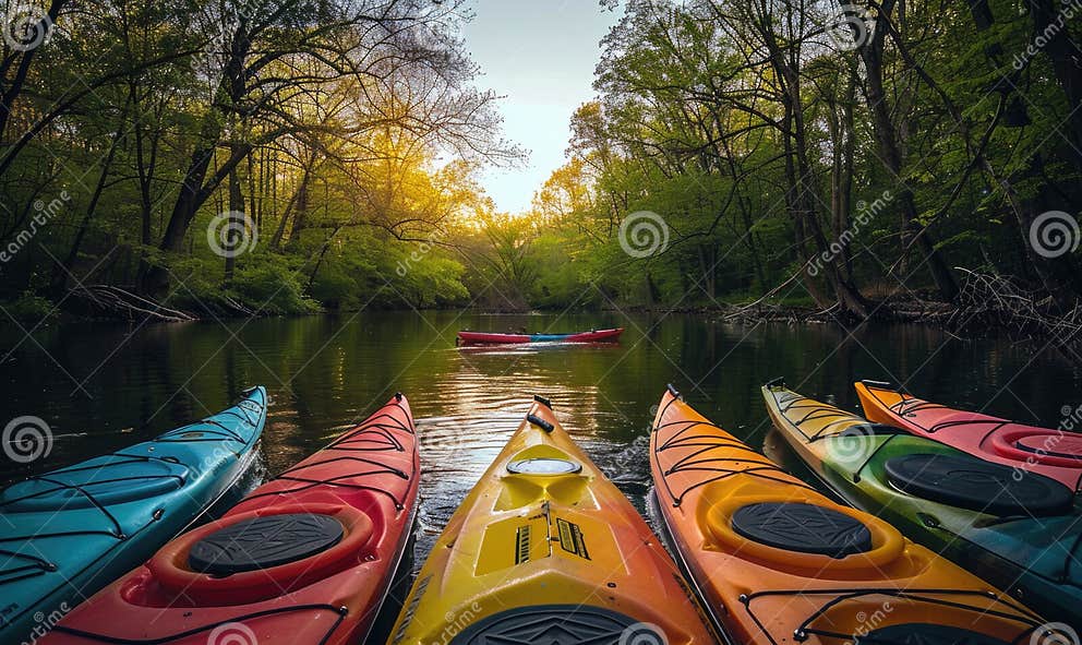 A Group of Colorful Kayaks Drifting Down a Spring River Stock Photo ...