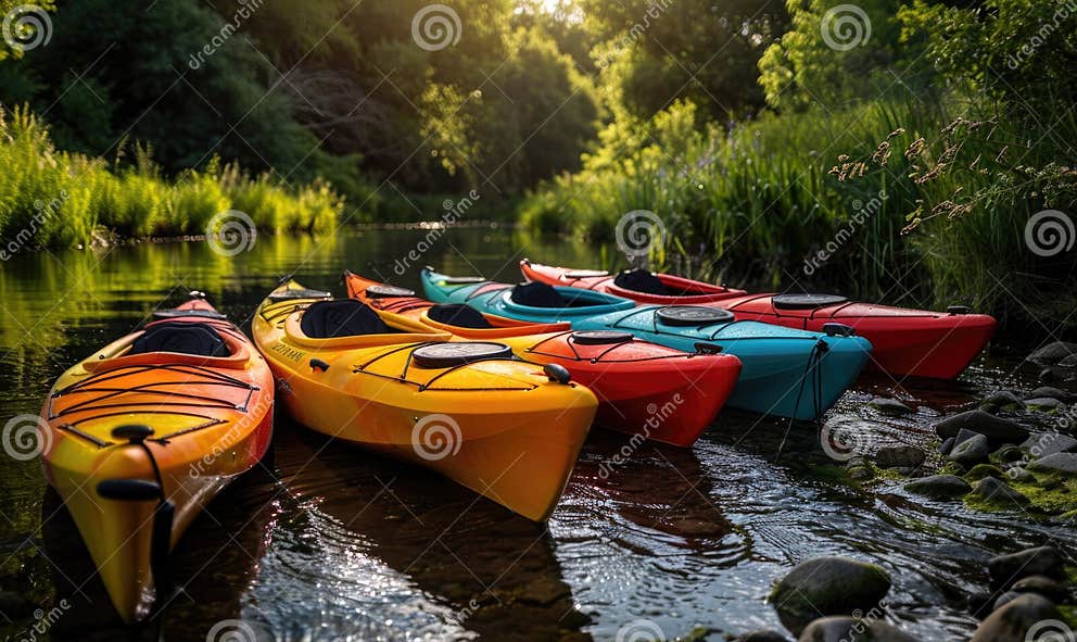 A Group of Colorful Kayaks Drifting Down a Spring River Stock Image ...