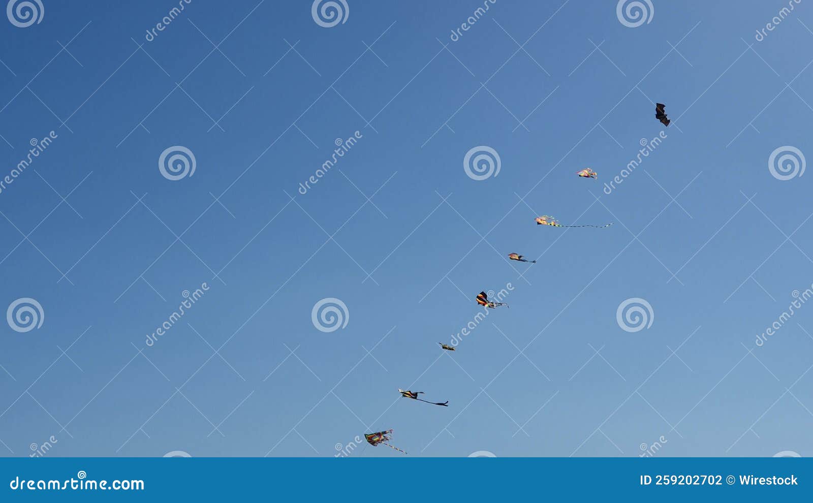 Group of Colorful Kites on a String Flying in the Blue Sky in Italy ...