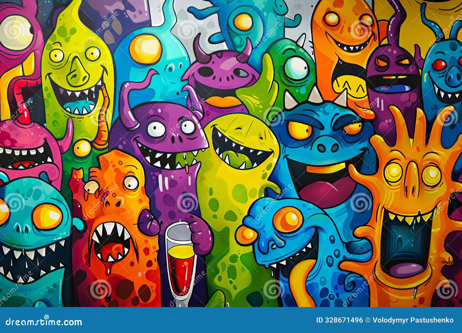 A Group of Colorful Monsters Painted on a Wall Stock Photo - Image of ...